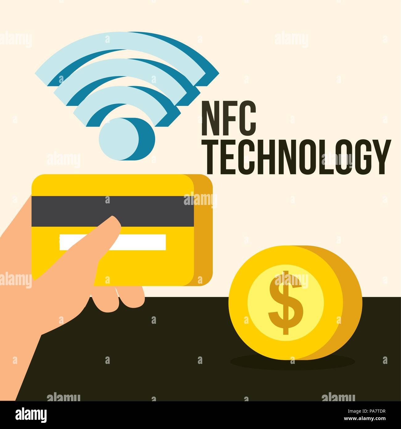 nfc payment technology hand holding credit card coin signal vector ...