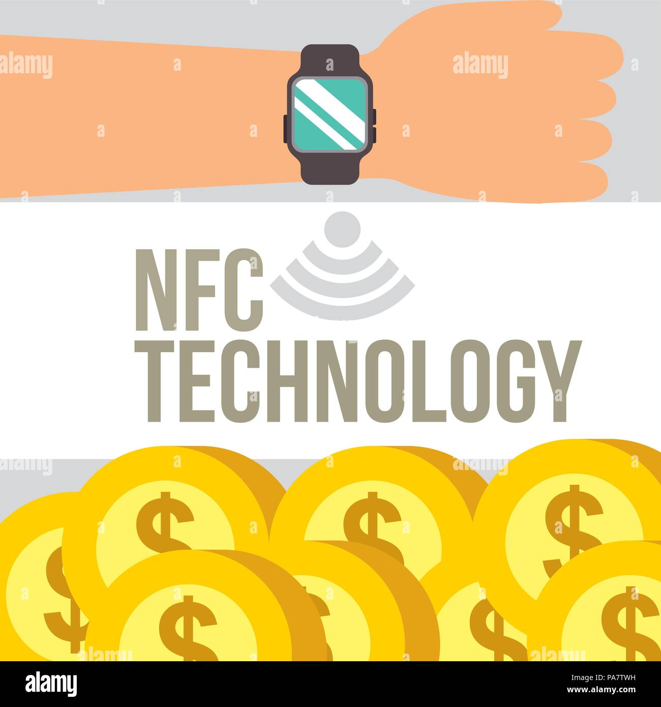 nfc payment technology hand with wristwatch many coins background ...