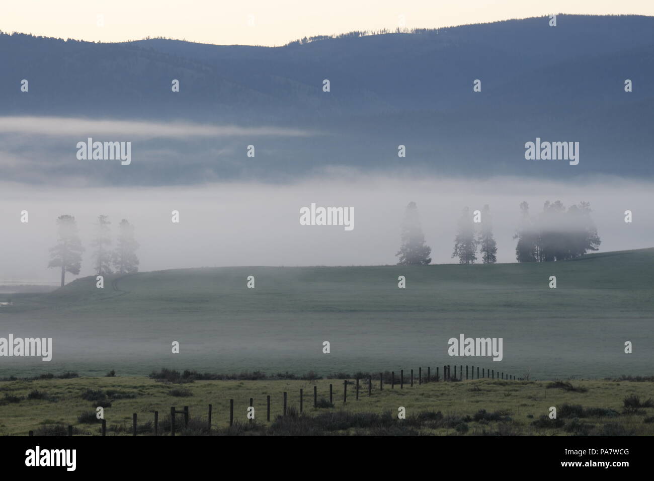 Foggy, misty Montana ranch land at dawn Stock Photo - Alamy