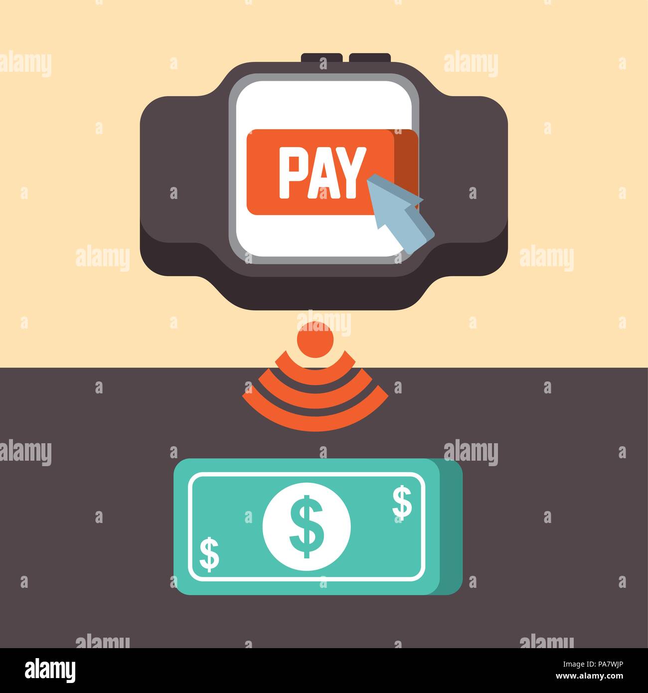 nfc payment technology wristwatch screen pay money vector illustration ...