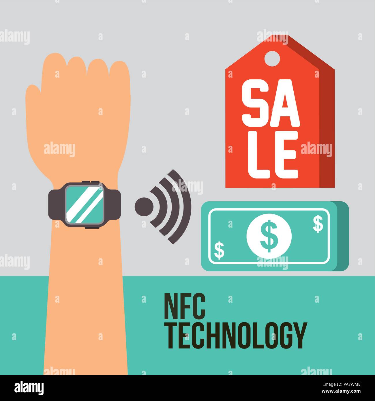 nfc payment technology hand using wristwatch money sale sign vector ...