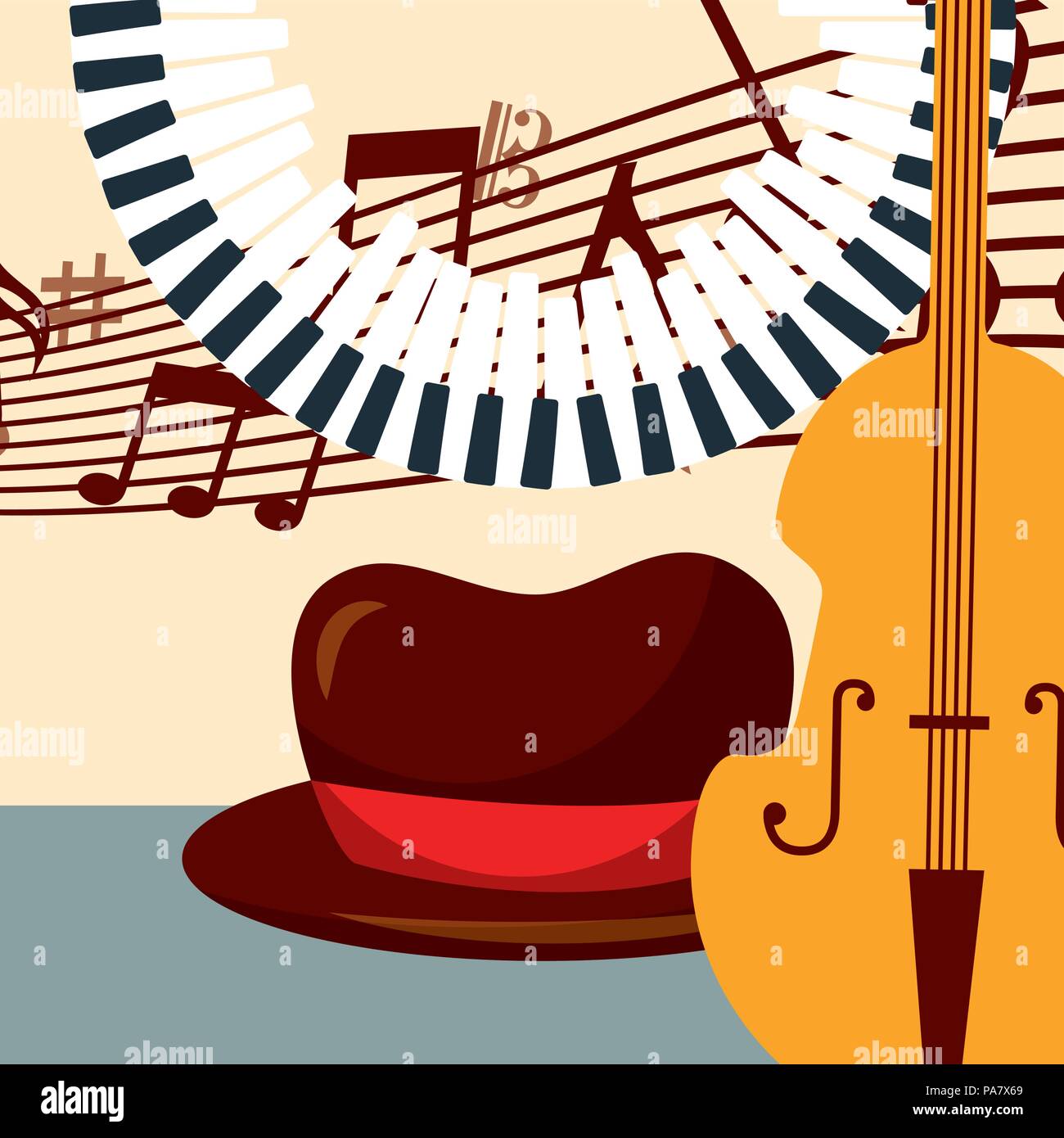 jazz festival hat piano keys cello instruments music notes vector ...