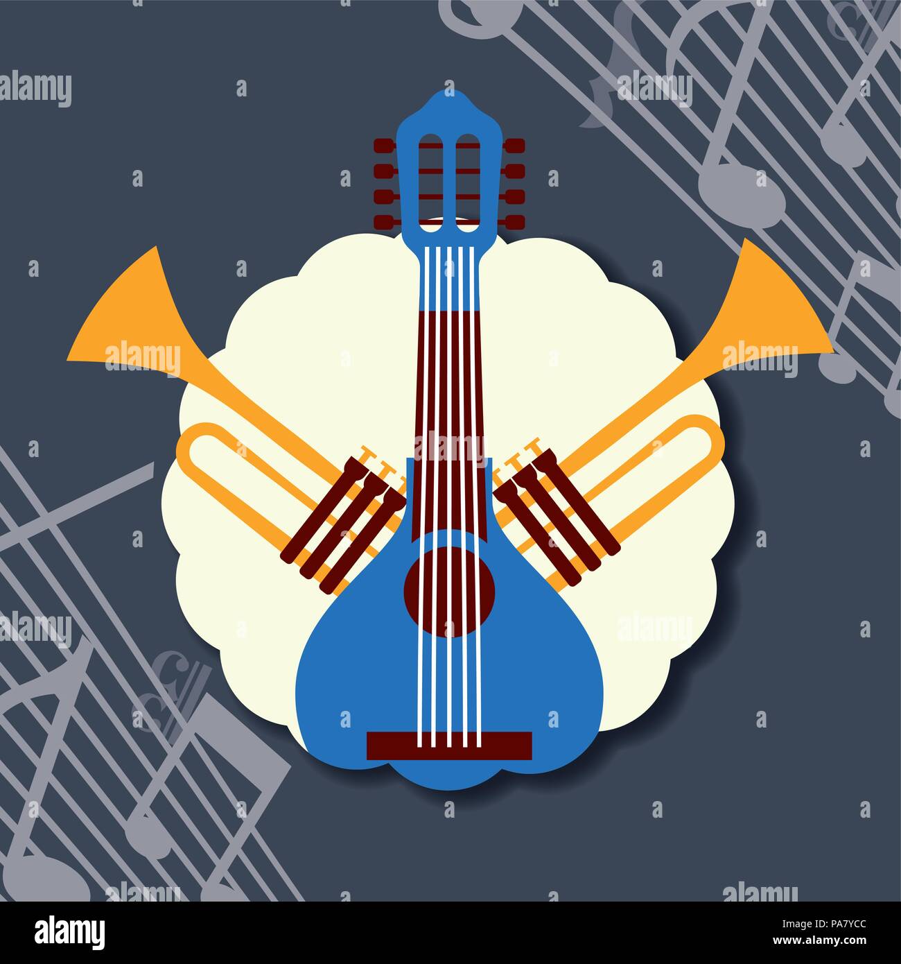 jazz festival instruments label music notes blue banjo trumpets vector ...