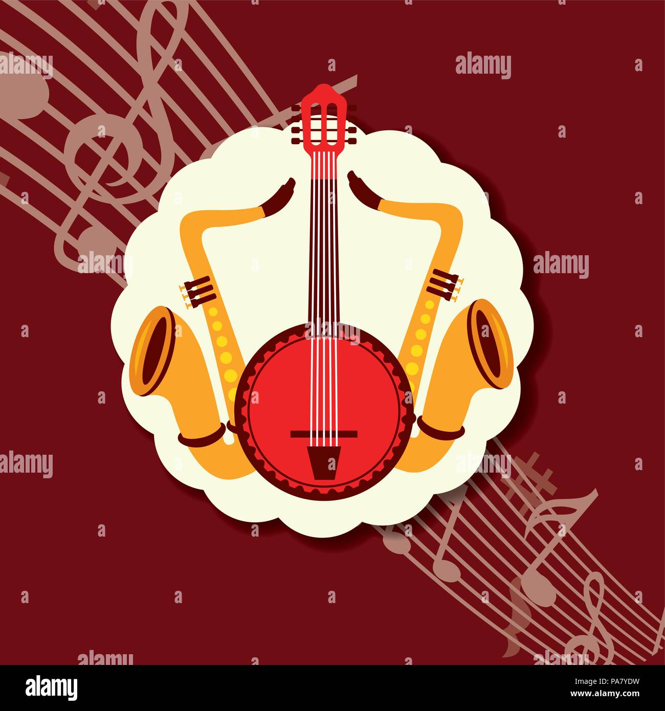 jazz festival instruments red notes music label saxophones banjo vector ...