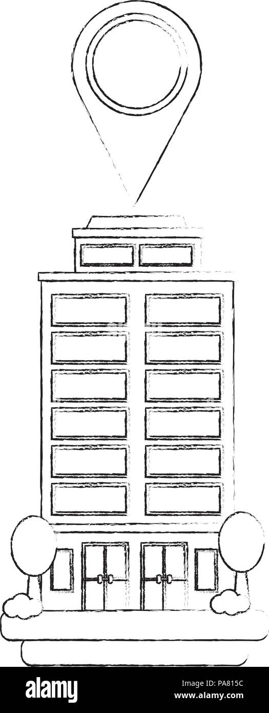 building structure with pin location and trees plants vector ...