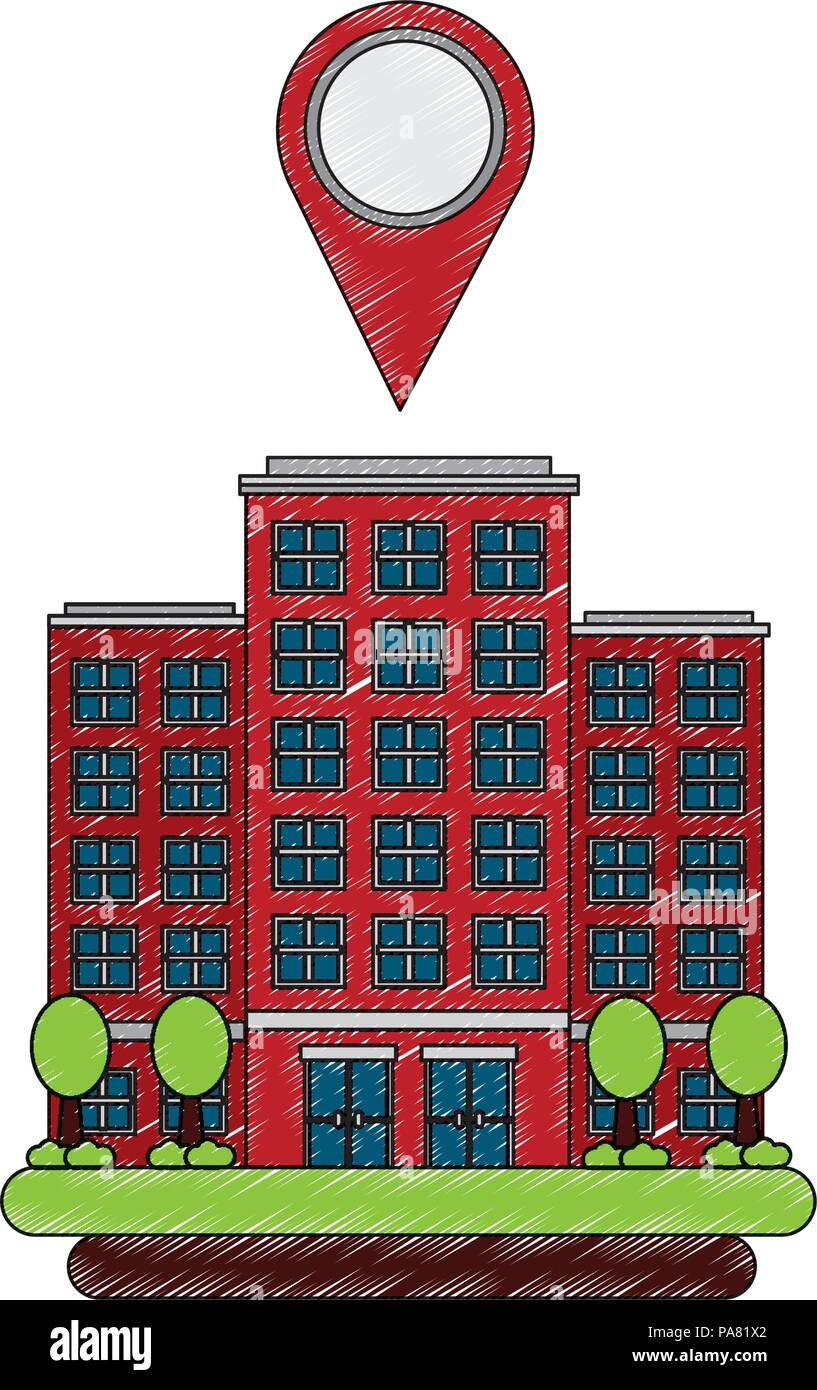 building structure with pin location and trees plants vector ...