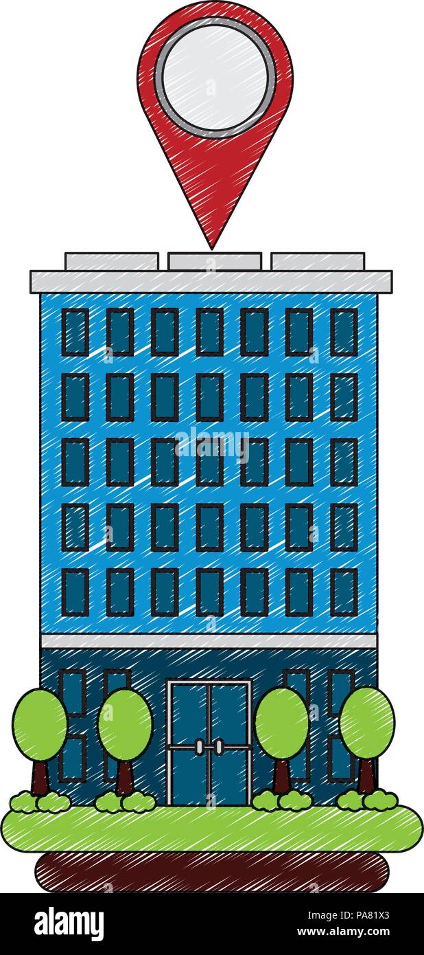 building structure with pin location and trees plants vector ...