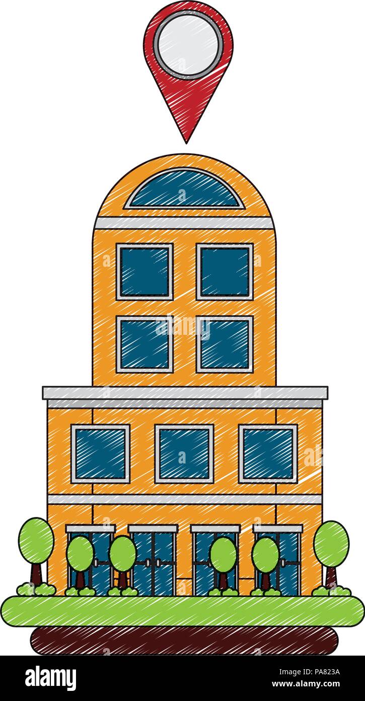 building structure with pin location and trees plants vector ...