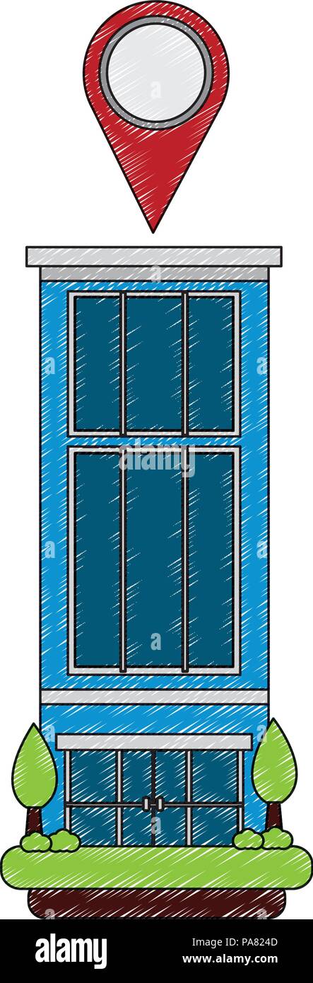 building structure with pin location and trees plants vector ...
