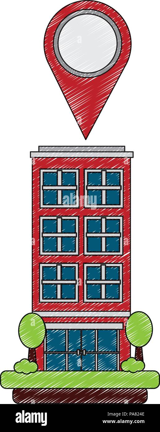 building structure with pin location and trees plants vector ...