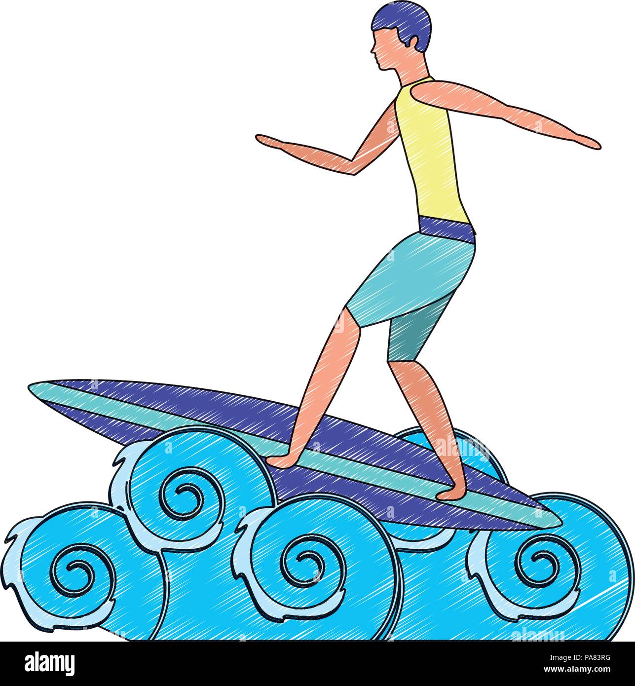 man in surfboard with waves sea avatar character vector illustration ...