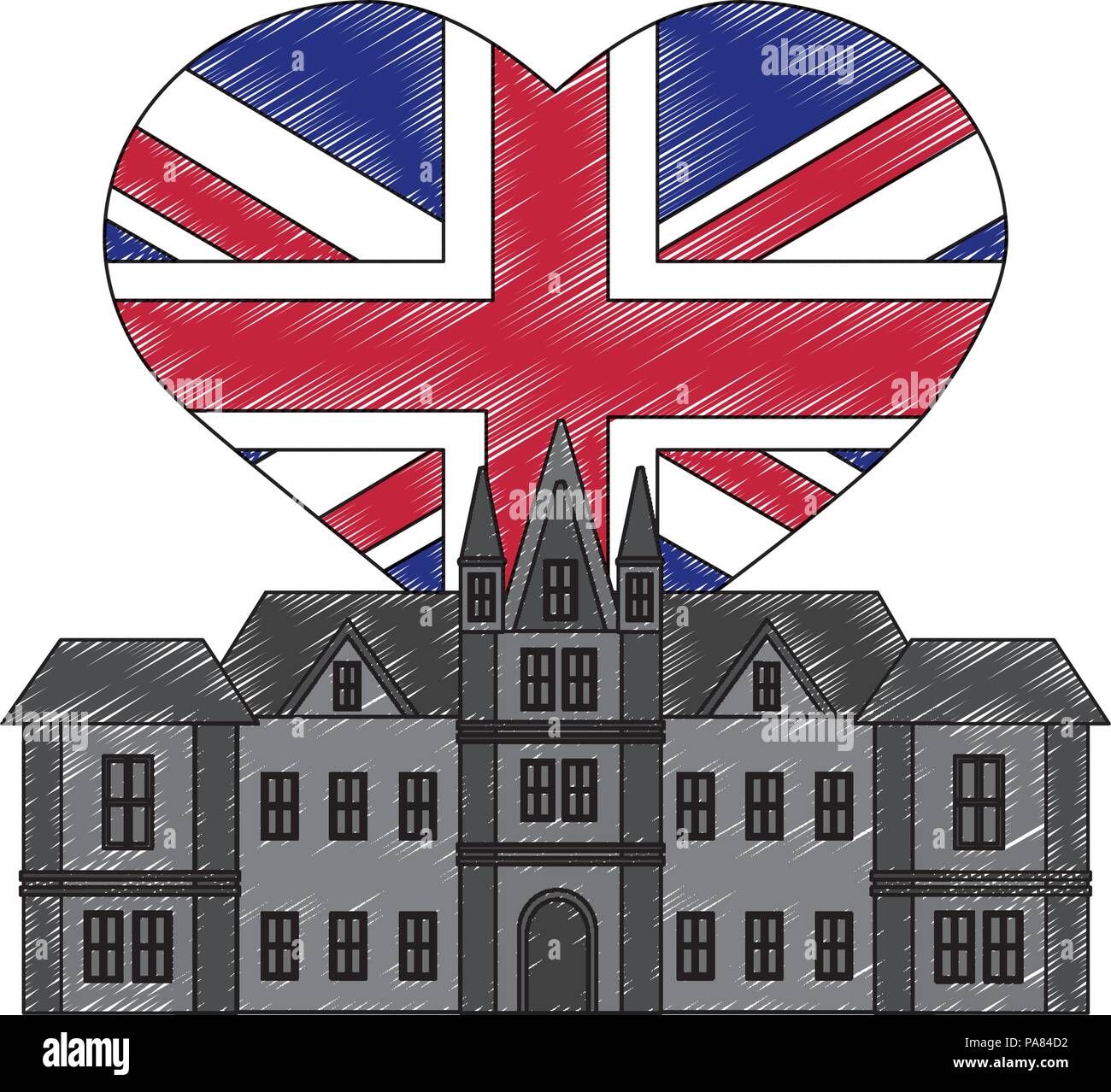 british castle with flag of grear britain in shape heart vector ...
