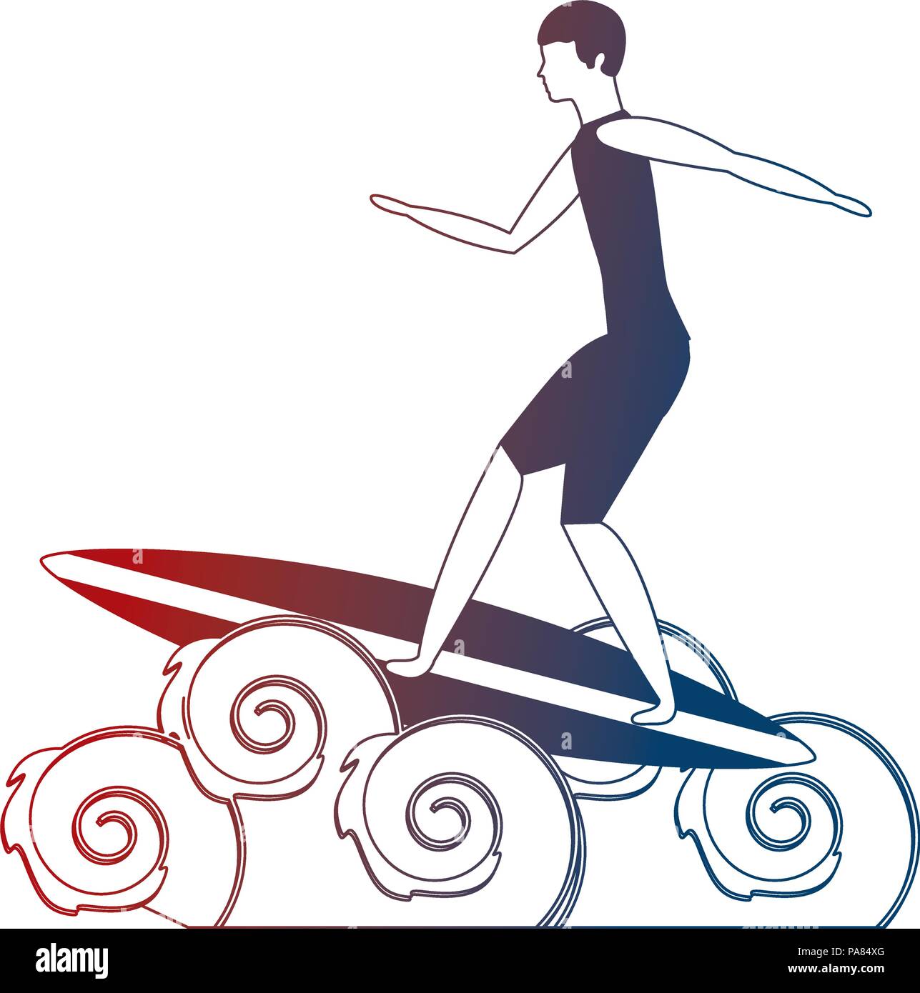 man riding surfboard in ocean waves vector illustration neon Stock ...