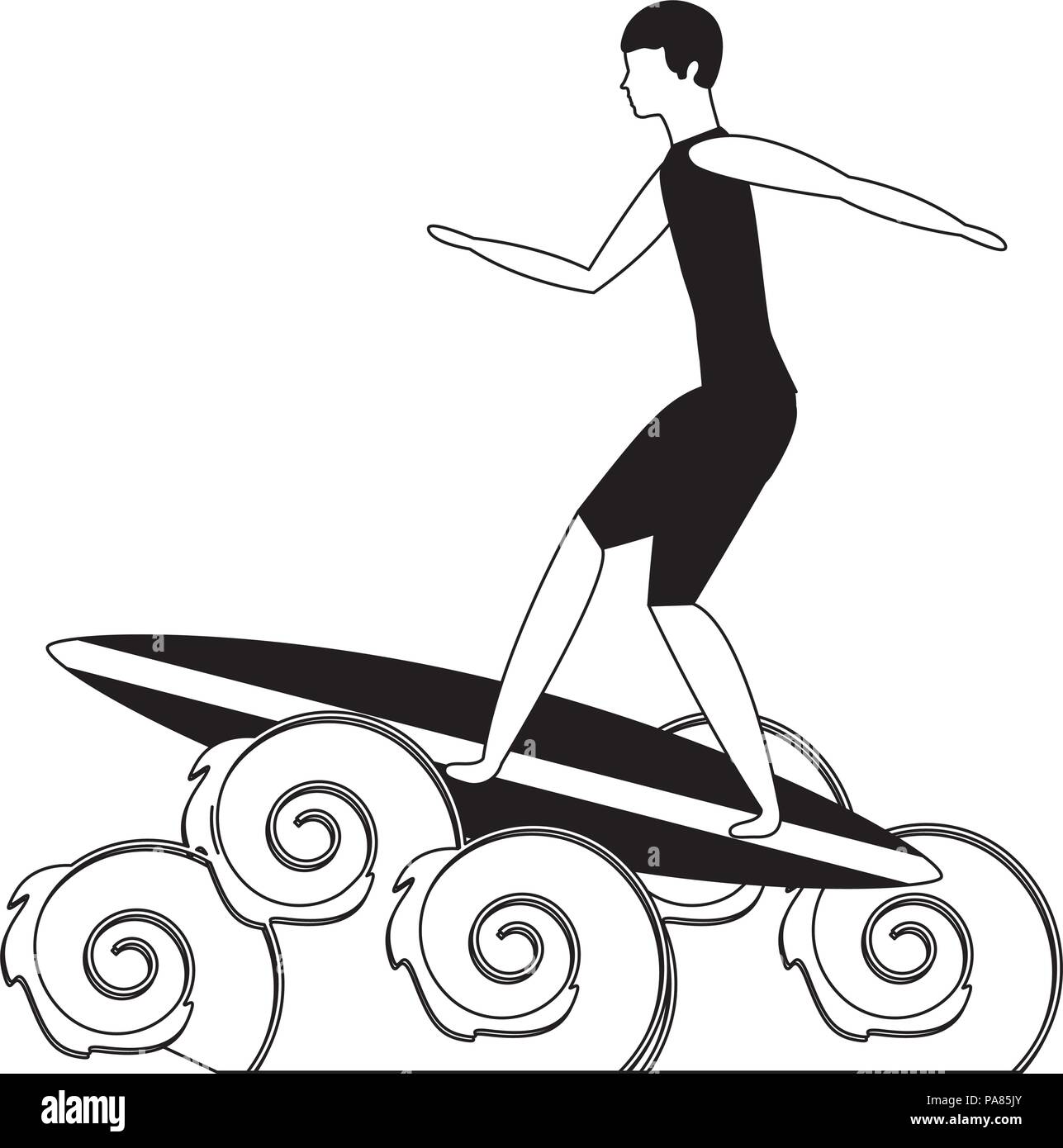 man riding surfboard in ocean waves vector illustration black and white ...