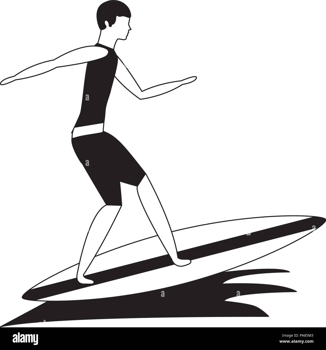 man riding surfboard in ocean waves vector illustration black and white ...
