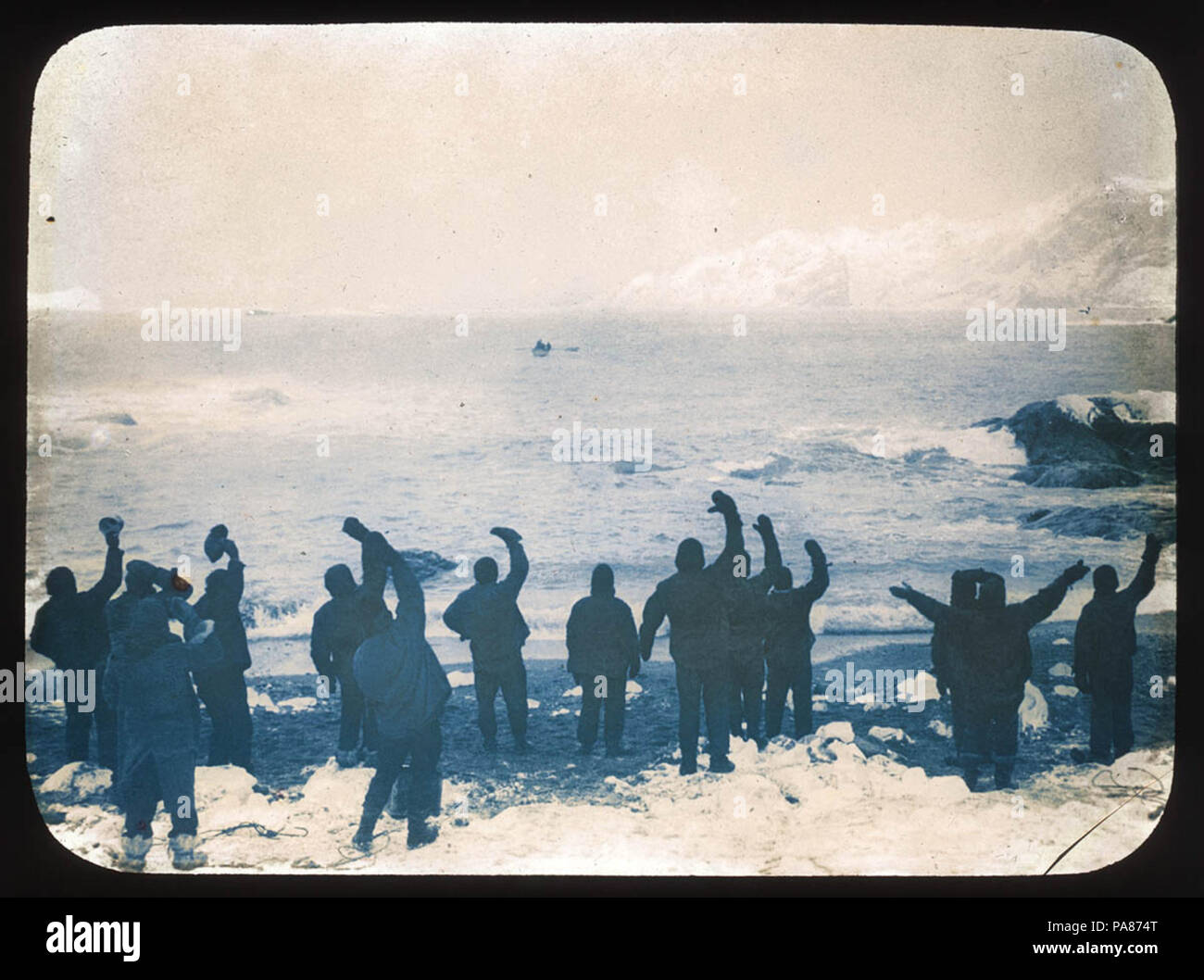73 Elephant Island party waving goodbye to James Caird state library ...