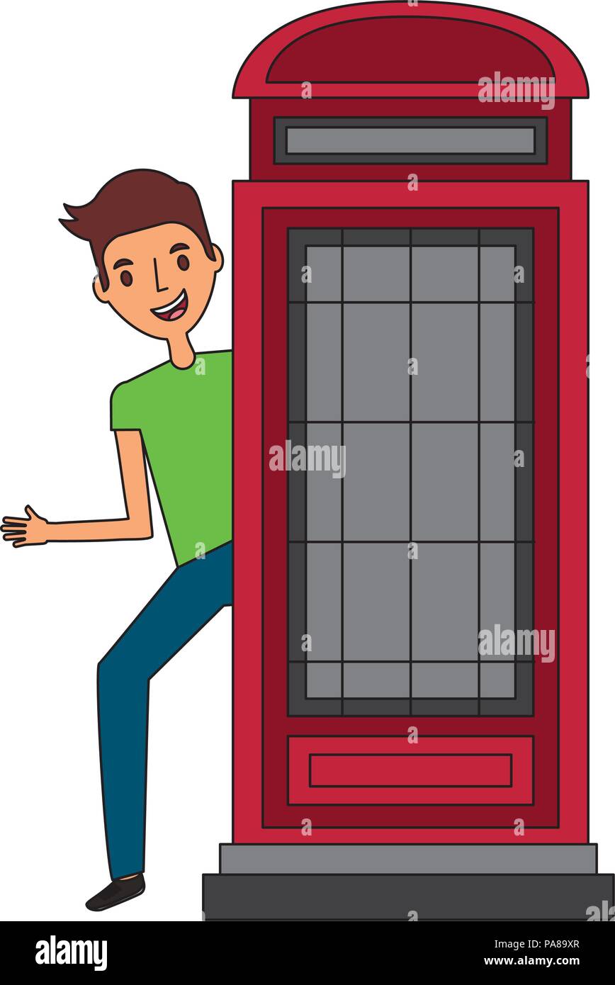 classic british telephone booth with young man vector illustration ...