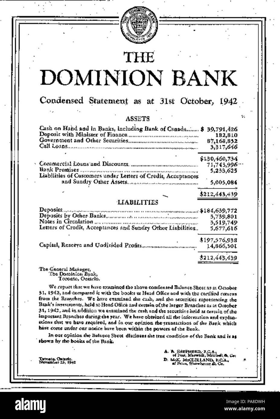 68 Dominion Bank yearly statement 1942 Stock Photo - Alamy