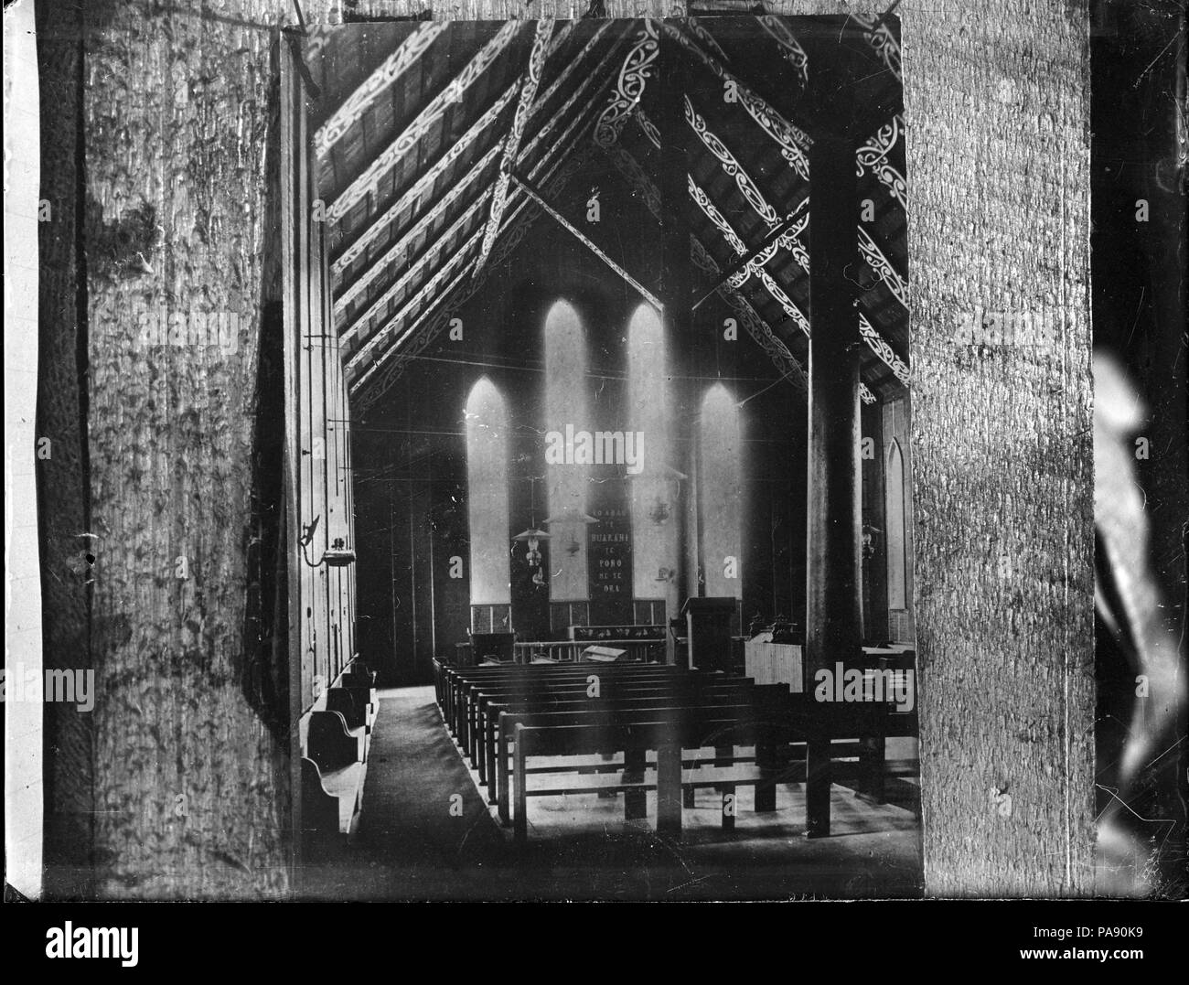 125 Interior view of Rangiatea Church, showing the Maori designs on the ...