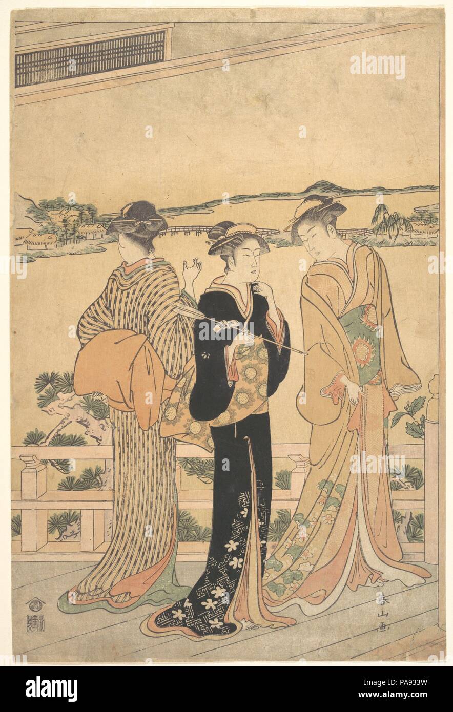 Three Women on a Veranda Overlooking a Bay. Artist: Katsukawa Shunzan ...
