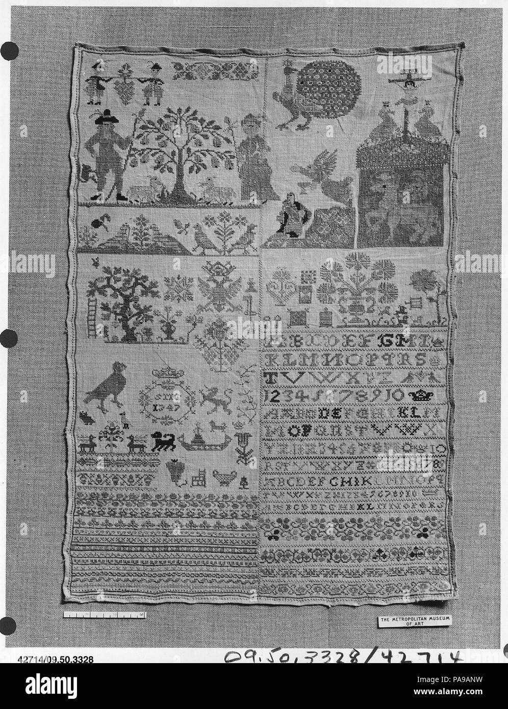 Sampler. Culture: German. Dimensions: H. 41 1/2 x W. 9 3/4 inches (105. ...