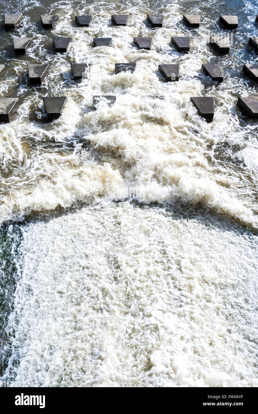 Top perspective view to flow of foaming water crashing on small ...