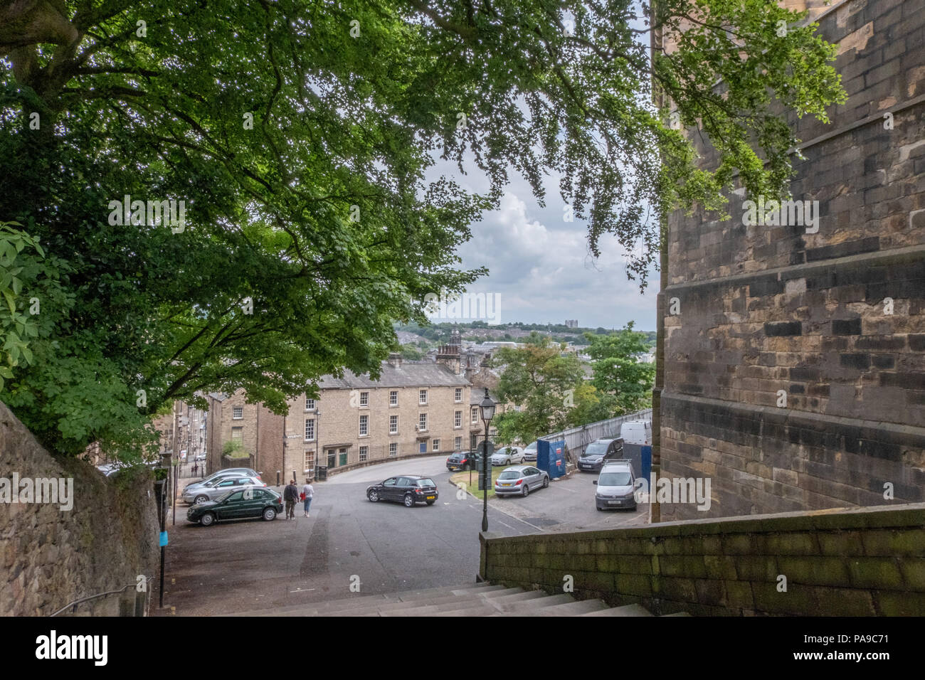 Lancaster city centre around the castle area with streets lined with ...