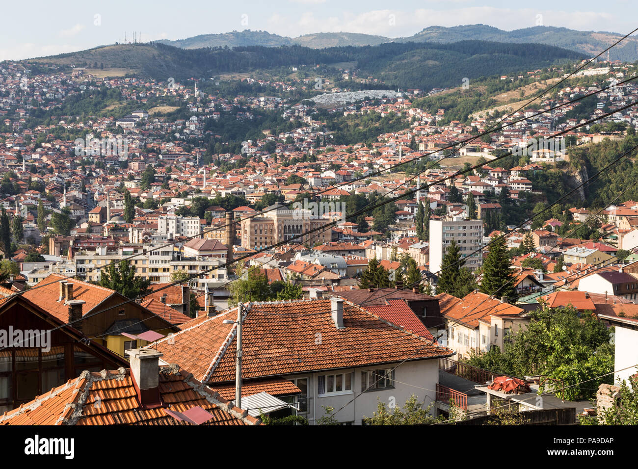 A distant view of Saravejo old town from a residential district on a ...