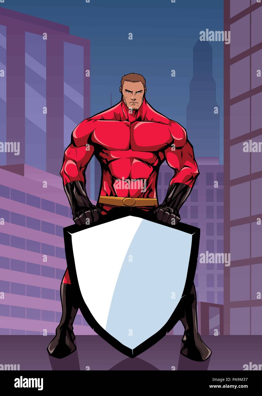 Superhero Holding Shield in City Vertical Stock Vector Image & Art - Alamy