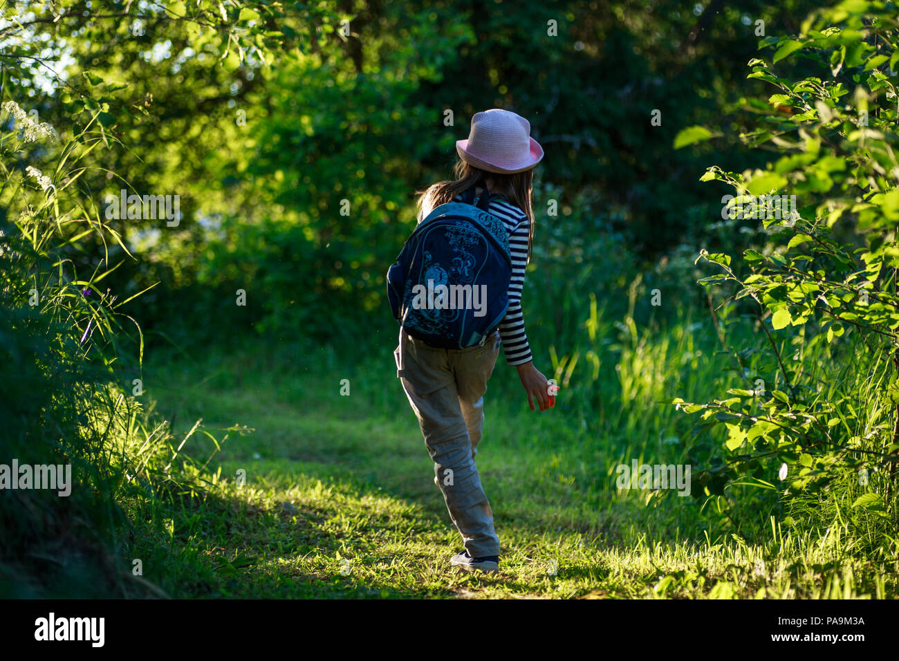 Traveler girl with backpack walking on path in the tropical forest ...