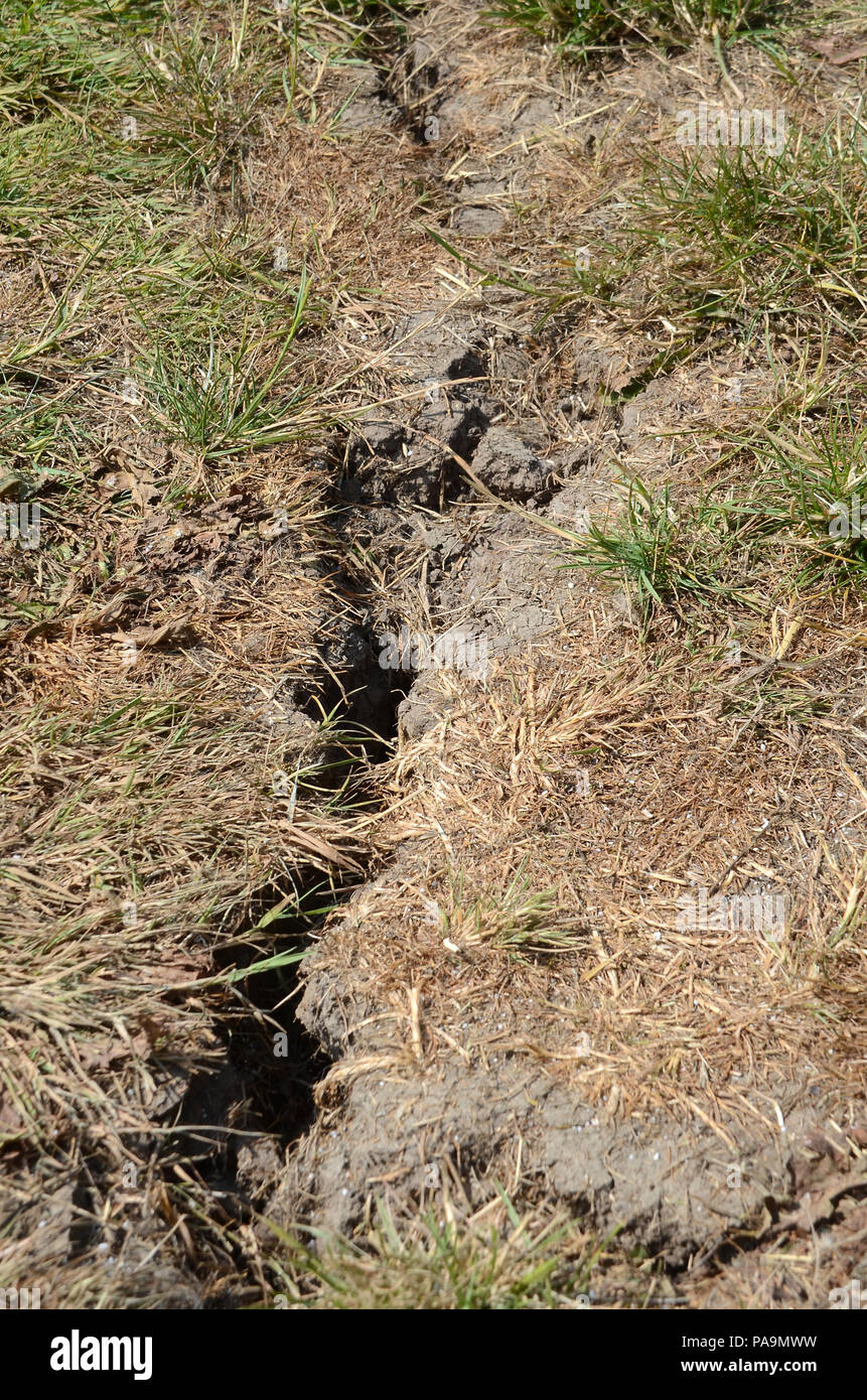 The ground in a football field cracked because of dryness and no rain ...