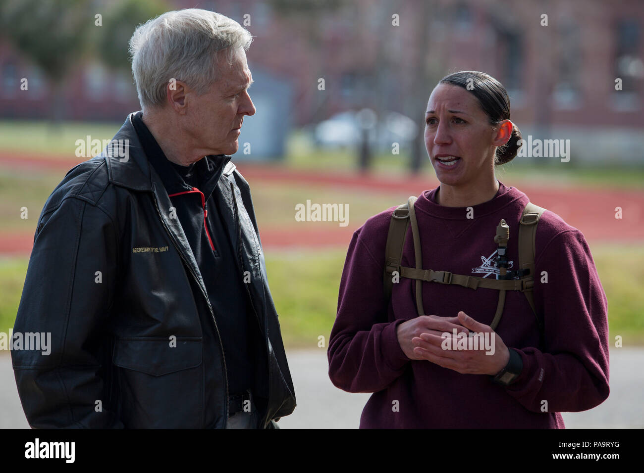 Secretary of the Navy Ray Mabus, left, speaks with 1st Lt. Terri L ...