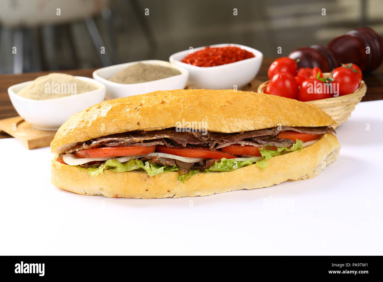 Traditional Turkish doner kebab shawarma in bread sandwich Stock Photo ...