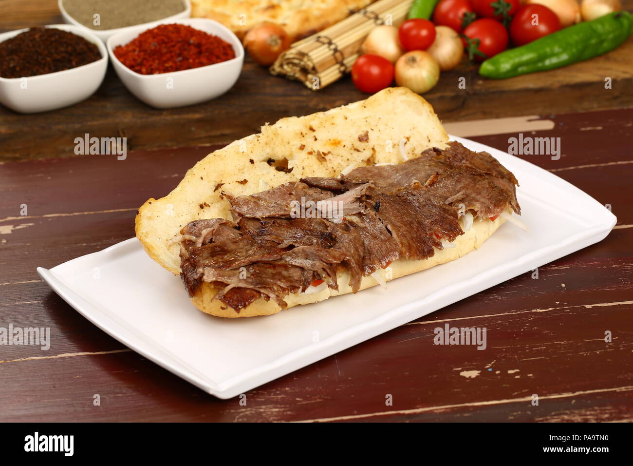 Traditional Turkish doner kebab shawarma in bread sandwich Stock Photo ...
