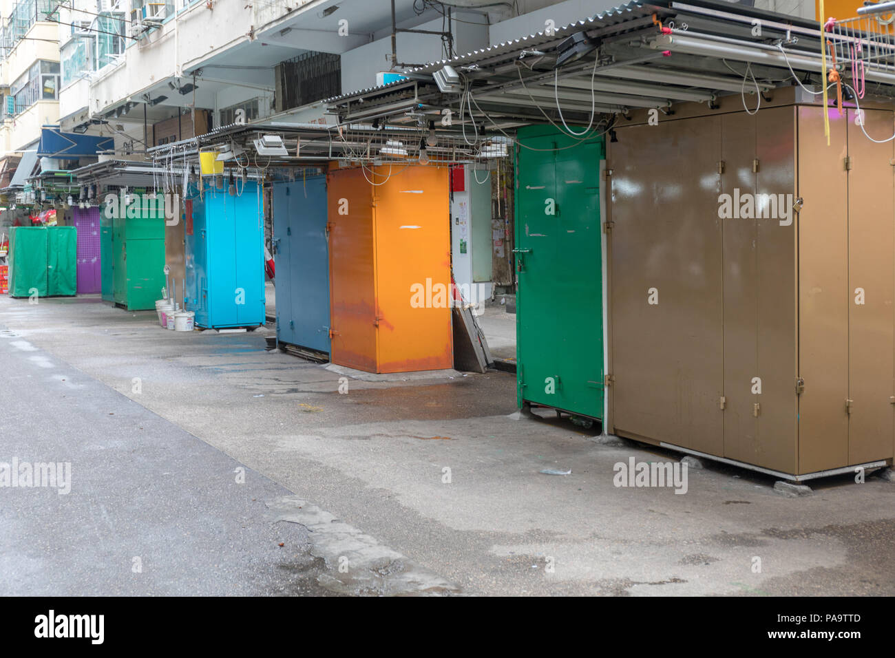Closed Small Kiosk Booths in Row at Street Market Stock Photo - Alamy