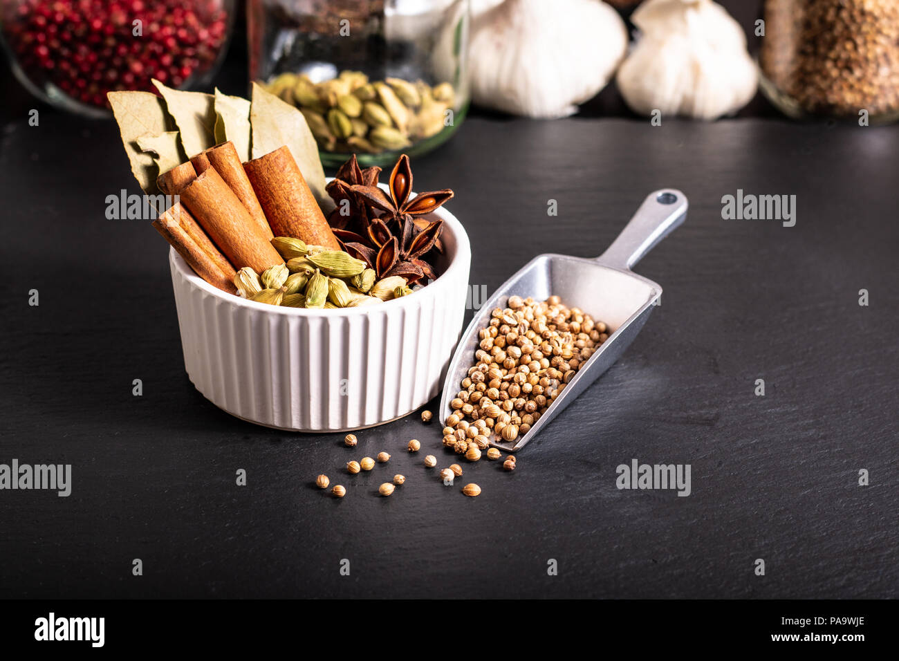 Exotic herbal Food concept Mix of the organic Spices cinnamon stick ...