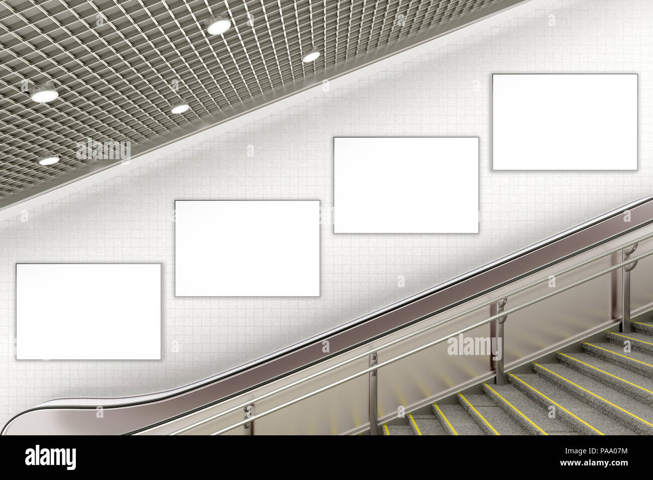 Four blank advertising posters on underground escalator wall. 3d ...