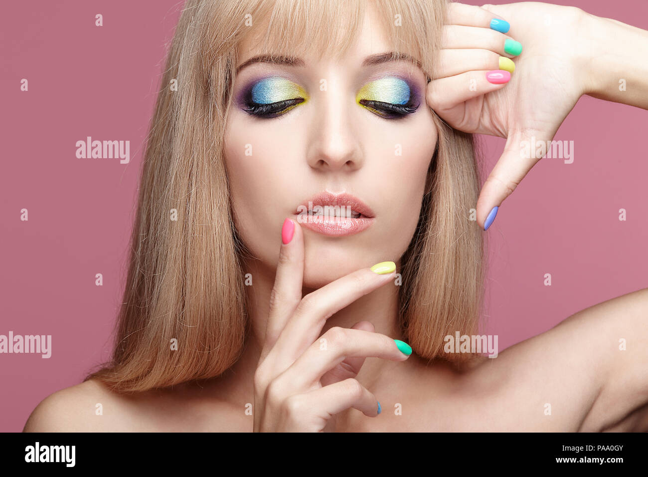 Closeup macro image of human female eye with violet shadows, blue and ...