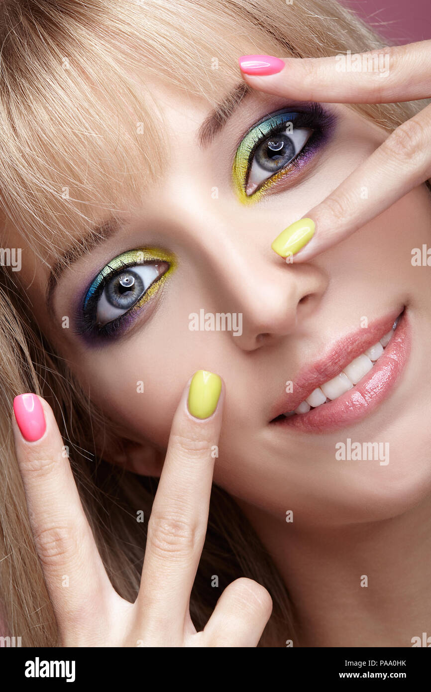 Closeup macro image of human female eye with violet shadows, blue and ...