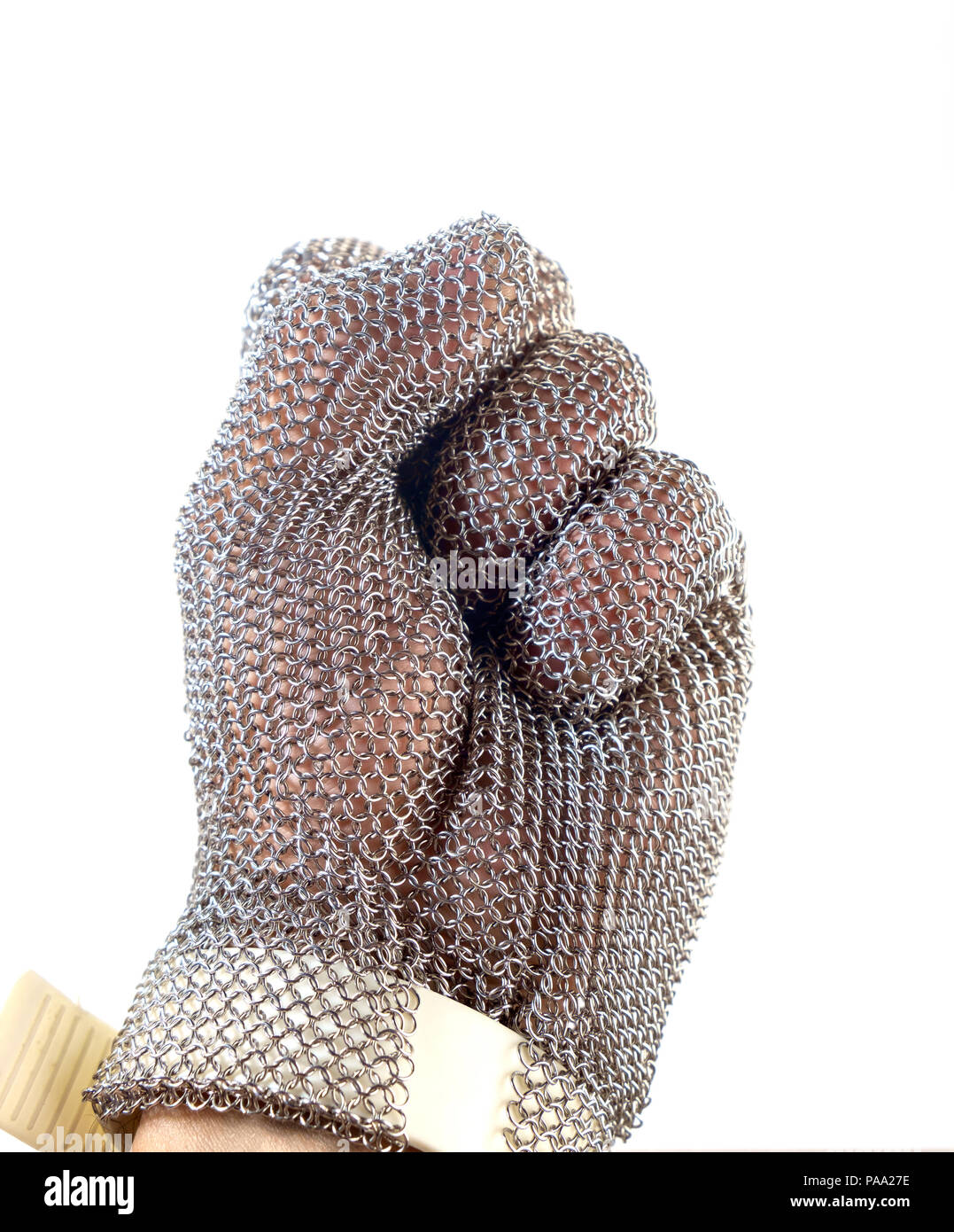 Hand with iron mesh glove on white background. Protection devices for ...