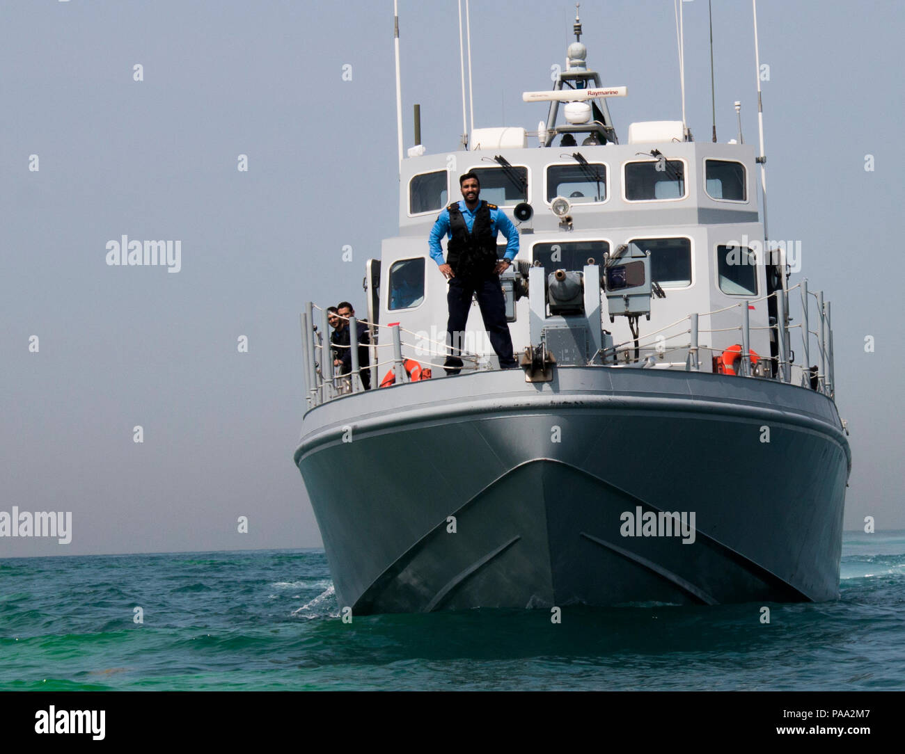 Kuwait Navy Capt. Naser Alb’aroob stands at the bow of his ship, the Al ...