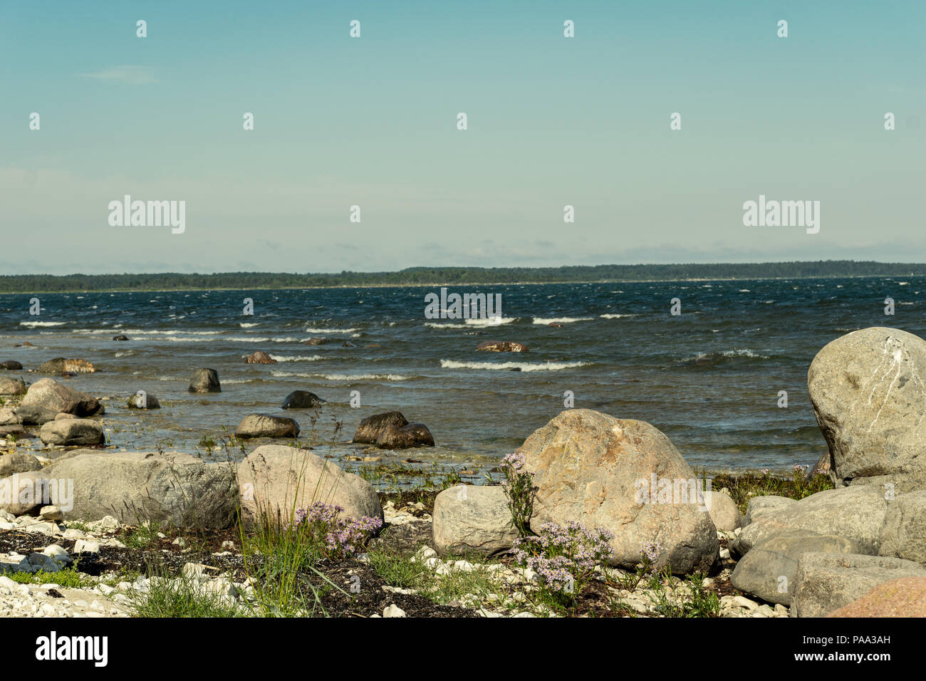 rocky sea beach with wide angle perspective over the sea with sunny sky ...