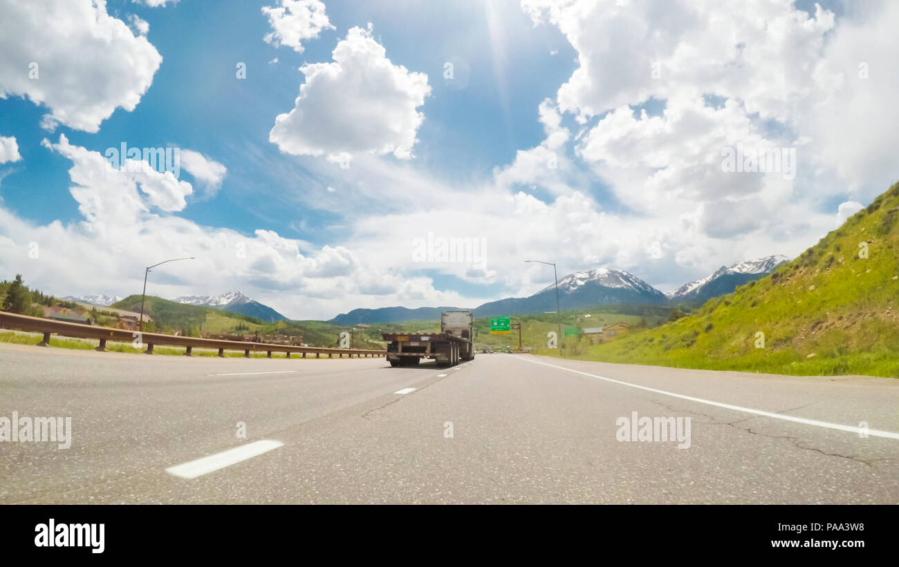 Driving West through the mountains on interstate highway I70 Stock ...