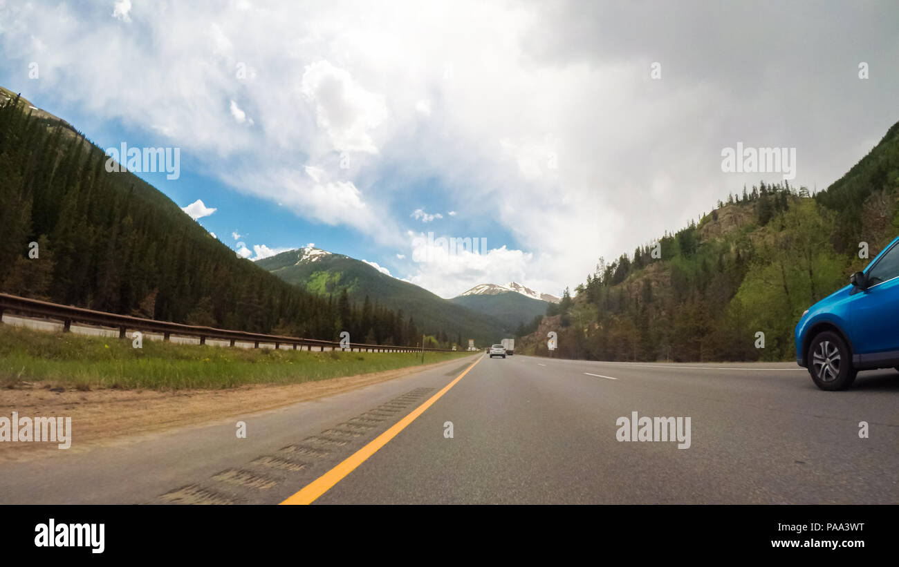 Driving West through the mountains on interstate highway I70 Stock ...