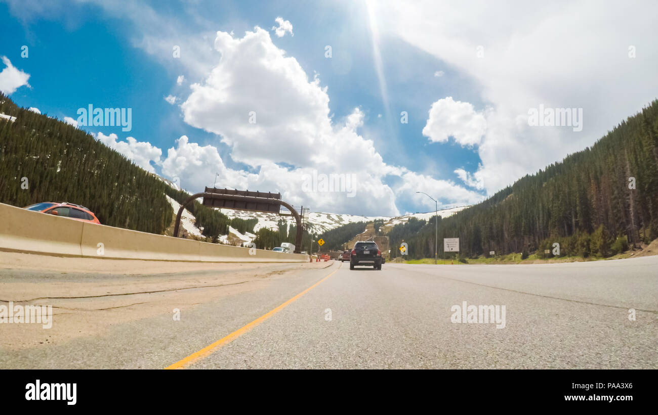 Driving West through the mountains on interstate highway I70 Stock ...