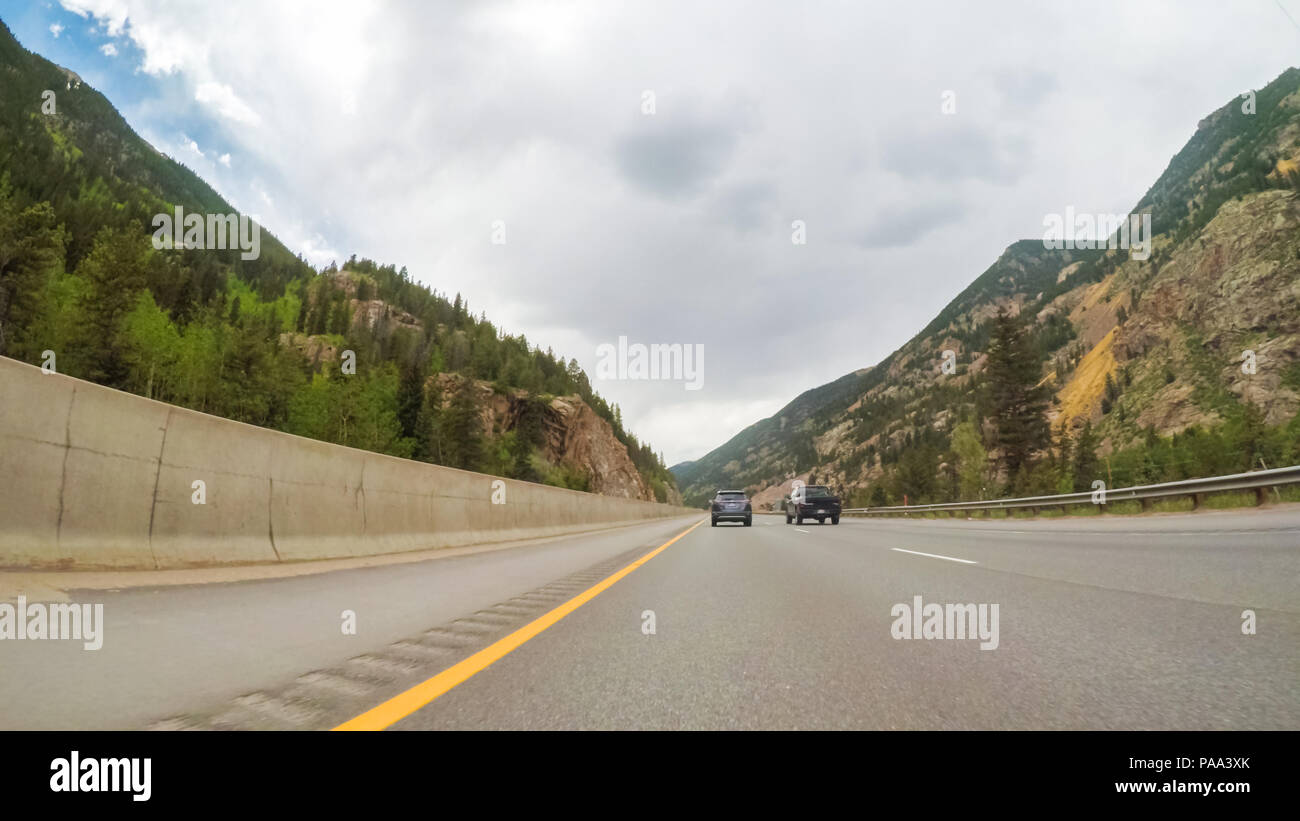 Driving West through the mountains on interstate highway I70 Stock ...