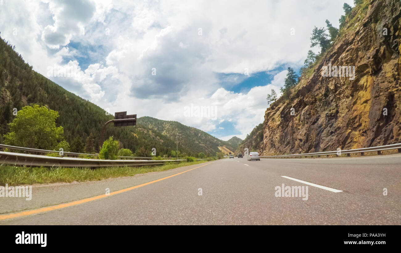 Driving West through the mountains on interstate highway I70 Stock ...