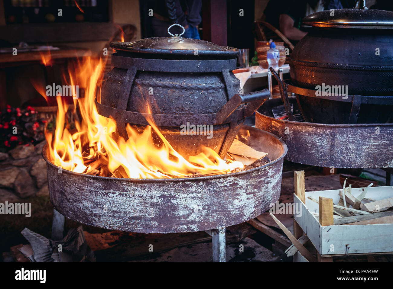 Food tent during famous annual Trumpet Festival in Guca village, Serbia ...