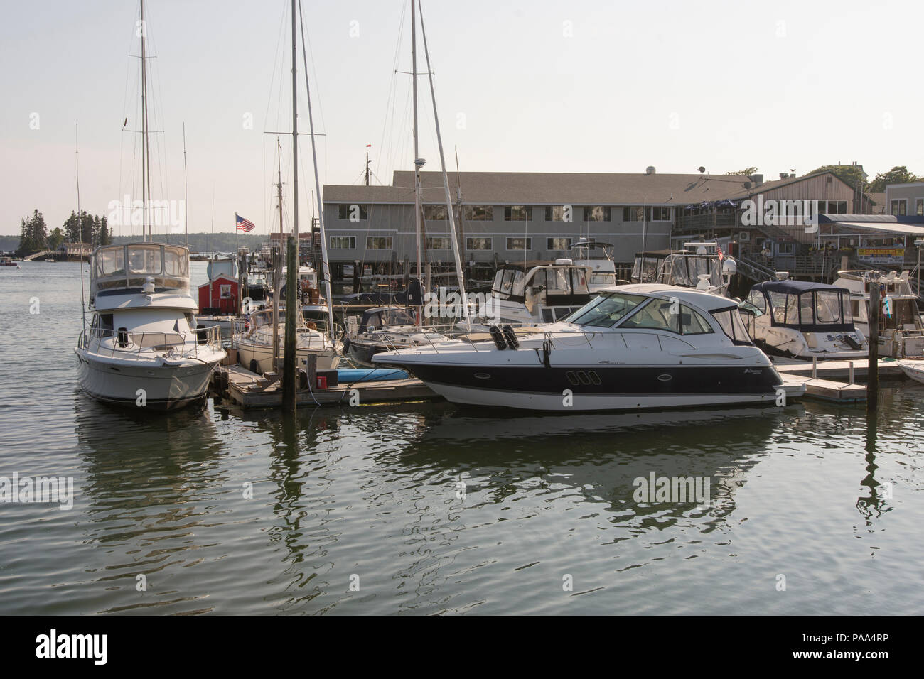 Private boats docked in the inner harbor at Boothbay Harbor, Maine, USA ...