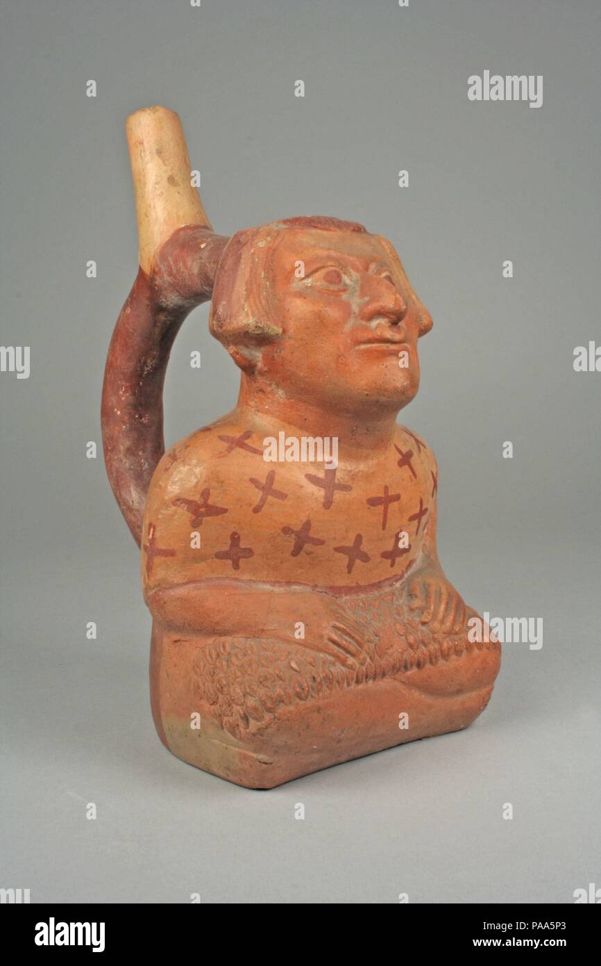 Bottle, Seated Figure. Culture: Moche. Dimensions: H. 8 1/4 x W. 4 1/2 ...
